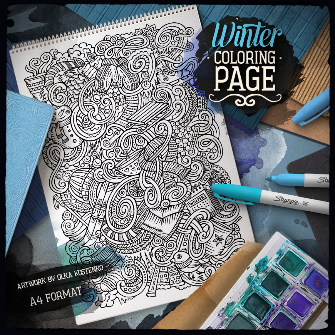 WINTER Digital Coloring Page, Wintertime Doodle Adult Coloring Book ...
