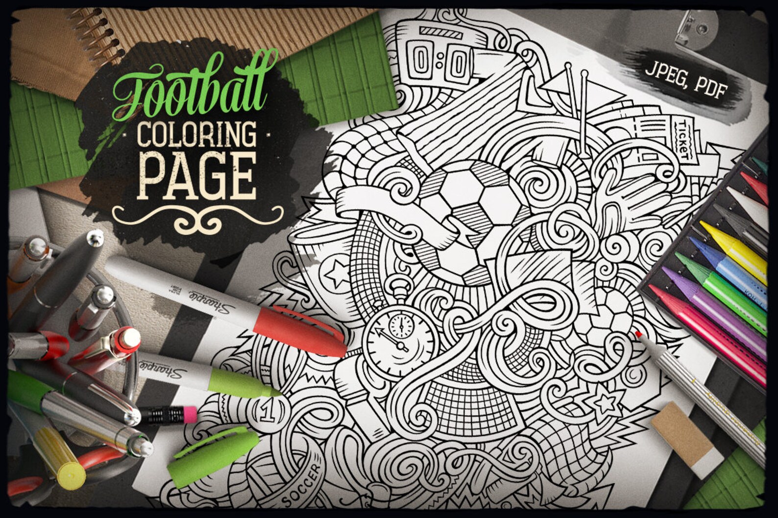 SOCCER Digital Coloring Page, Football Doodle Adult Coloring Book ...
