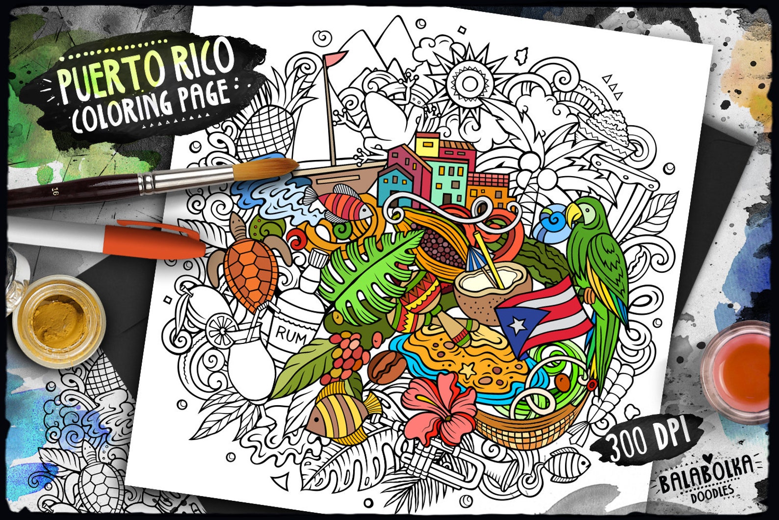 PUERTO RICO Digital Coloring Page, Puerto-rican Cartoon Doodle Adult ...