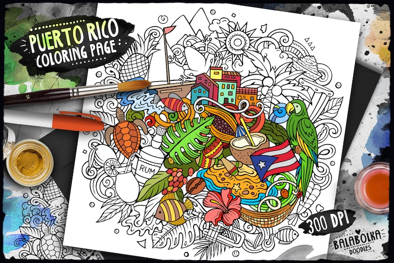 PUERTO RICO Digital Coloring Page, Puerto-rican Cartoon Doodle Adult ...