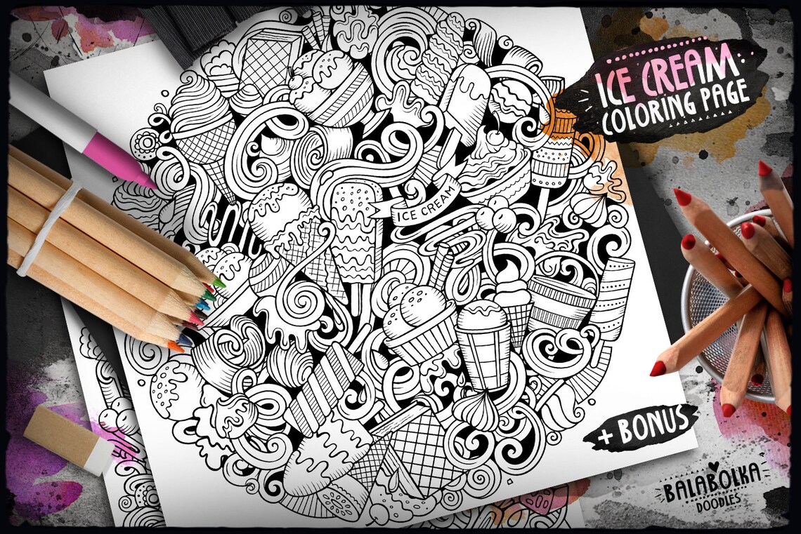 ICE CREAM Digital Coloring Page, Sweet Food Doodle Adult Coloring Book ...