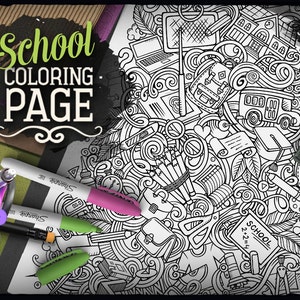 BACK TO SCHOOL Digital Coloring Page, School Doodle Adult Coloring Book ...