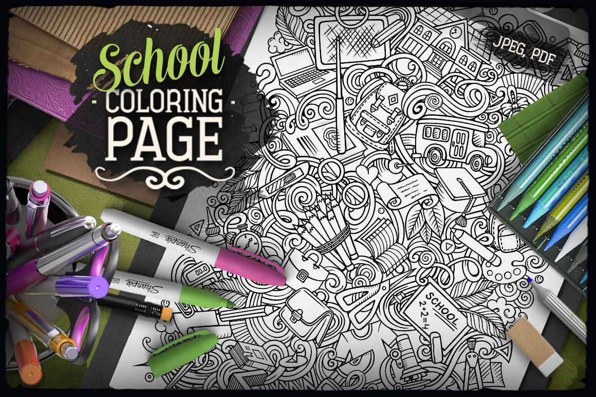 BACK TO SCHOOL Digital Coloring Page, School Doodle Adult Coloring Book ...