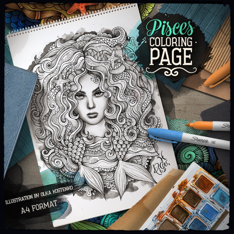 PISCES Zodiac Adult Coloring Page, Zodiac Sign Coloring Book, Fantasy ...
