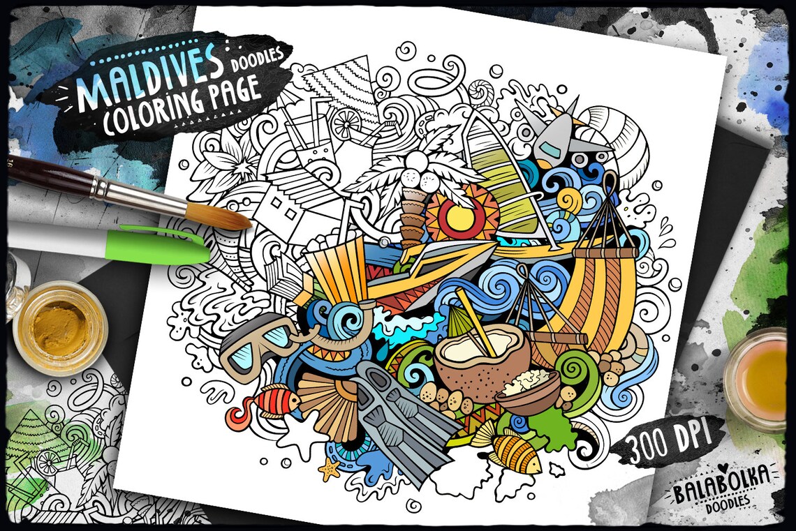 MALDIVES Digital Coloring Page/ Exotic Adult Coloring/ Around the World ...