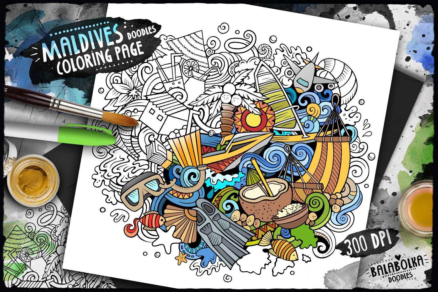 MALDIVES Digital Coloring Page/ Exotic Adult Coloring/ Around the World ...