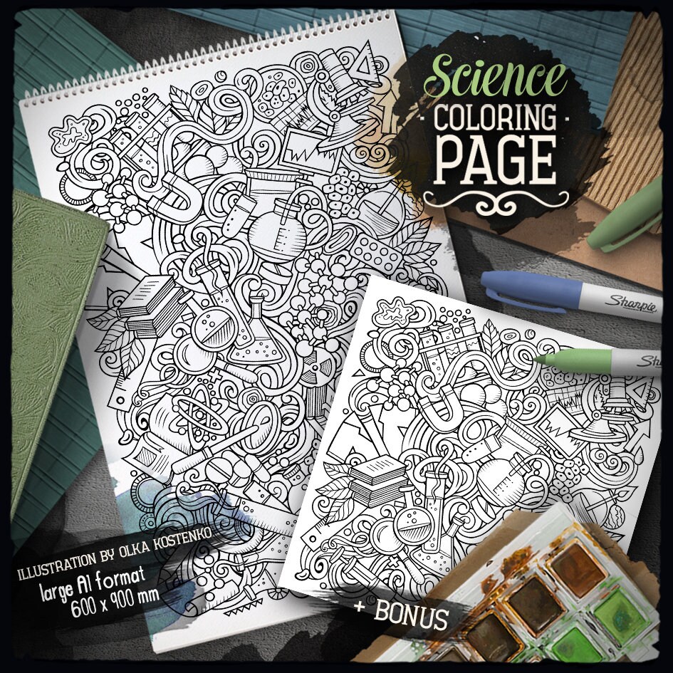 SCIENCE Digital Coloring Page, Sci. Doodle Adult Coloring Book ...