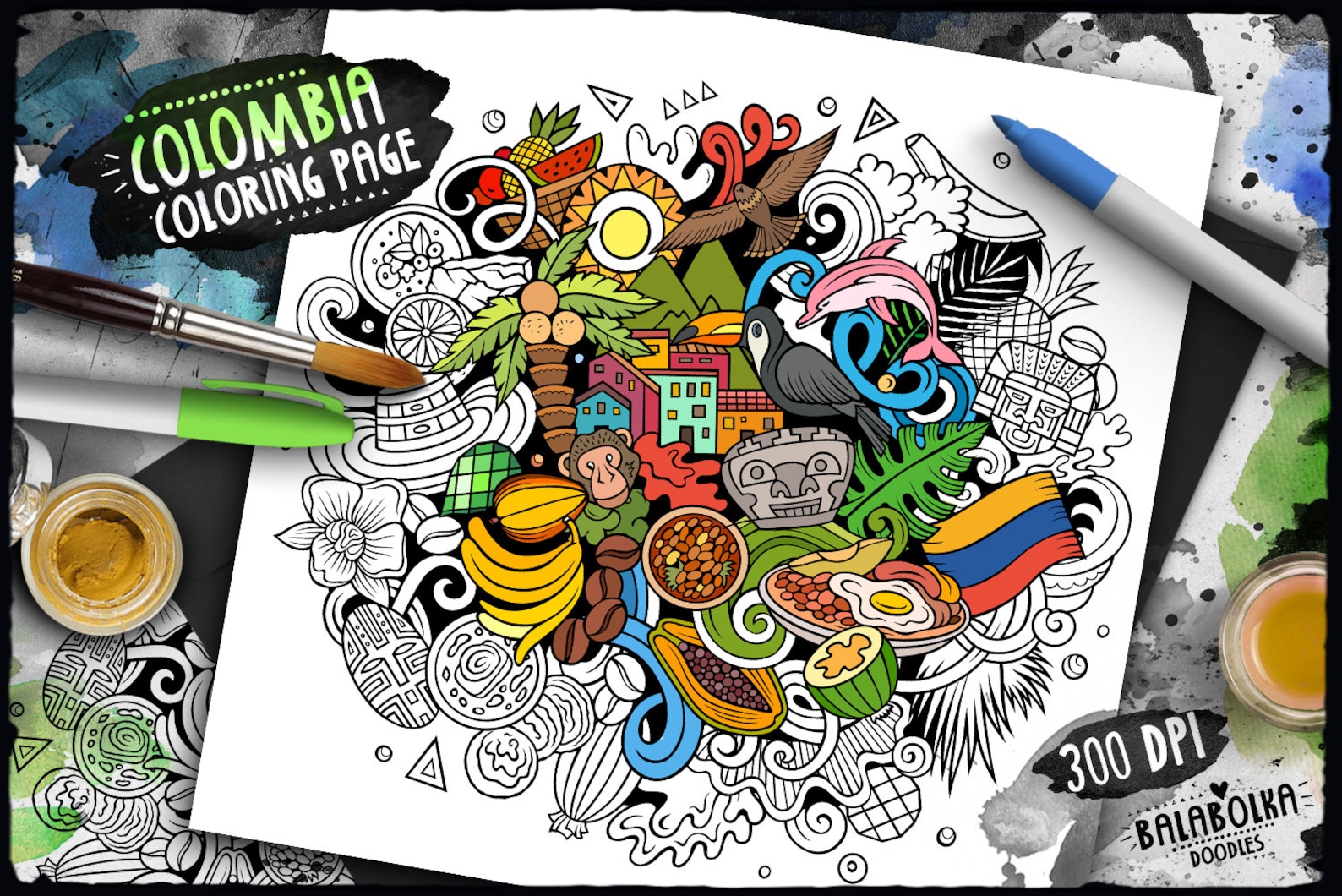 COLOMBIA Digital Coloring Page/ Latino Adult Coloring/ Latin American ...