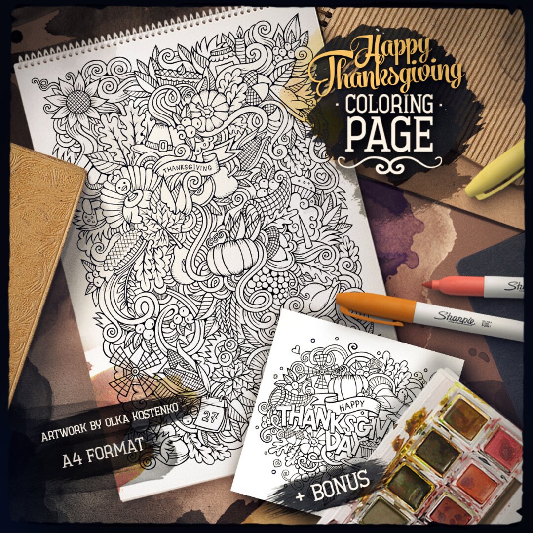 HAPPY THANKSGIVING Digital Coloring Page, Give Thanks Adult Coloring ...