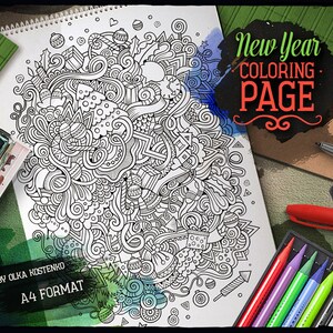 NEW YEAR Digital Coloring Page, Adult Coloring, Printable, Coloring ...