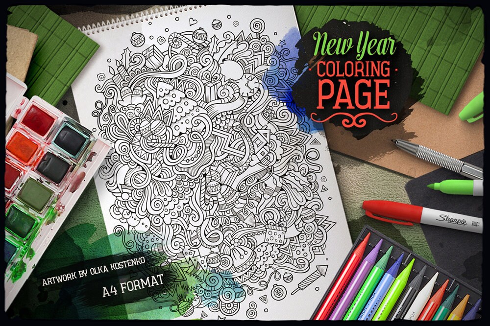 NEW YEAR Digital Coloring Page Adult Coloring Printable - Etsy