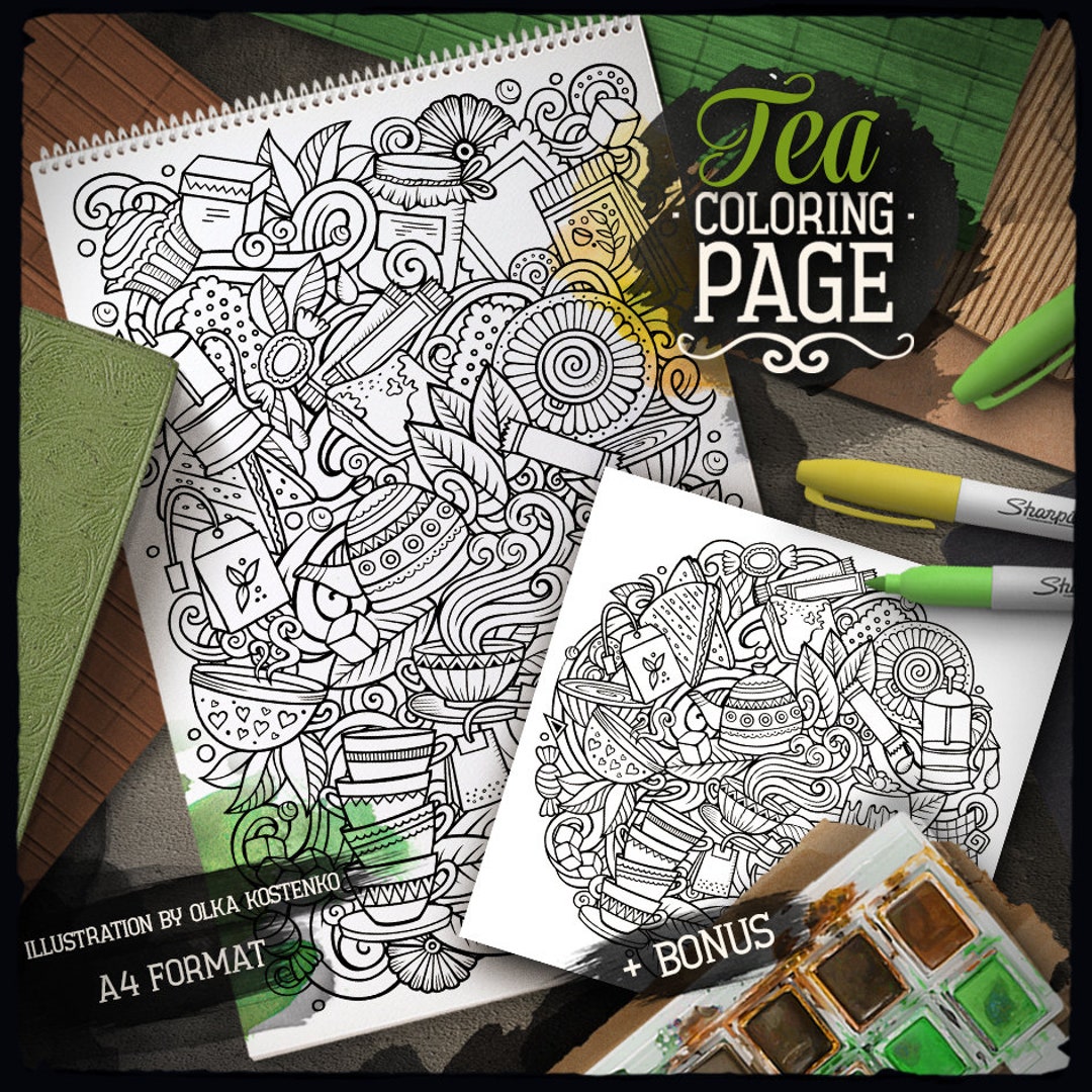 TEA Digital Coloring Page, Tea Time Doodle Adult Coloring Book ...