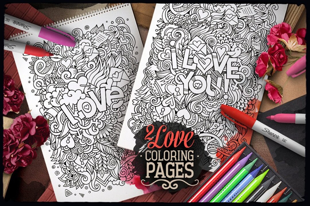 LOVE, I LOVE YOU Digital Coloring Pages, Adult Coloring, Printable ...
