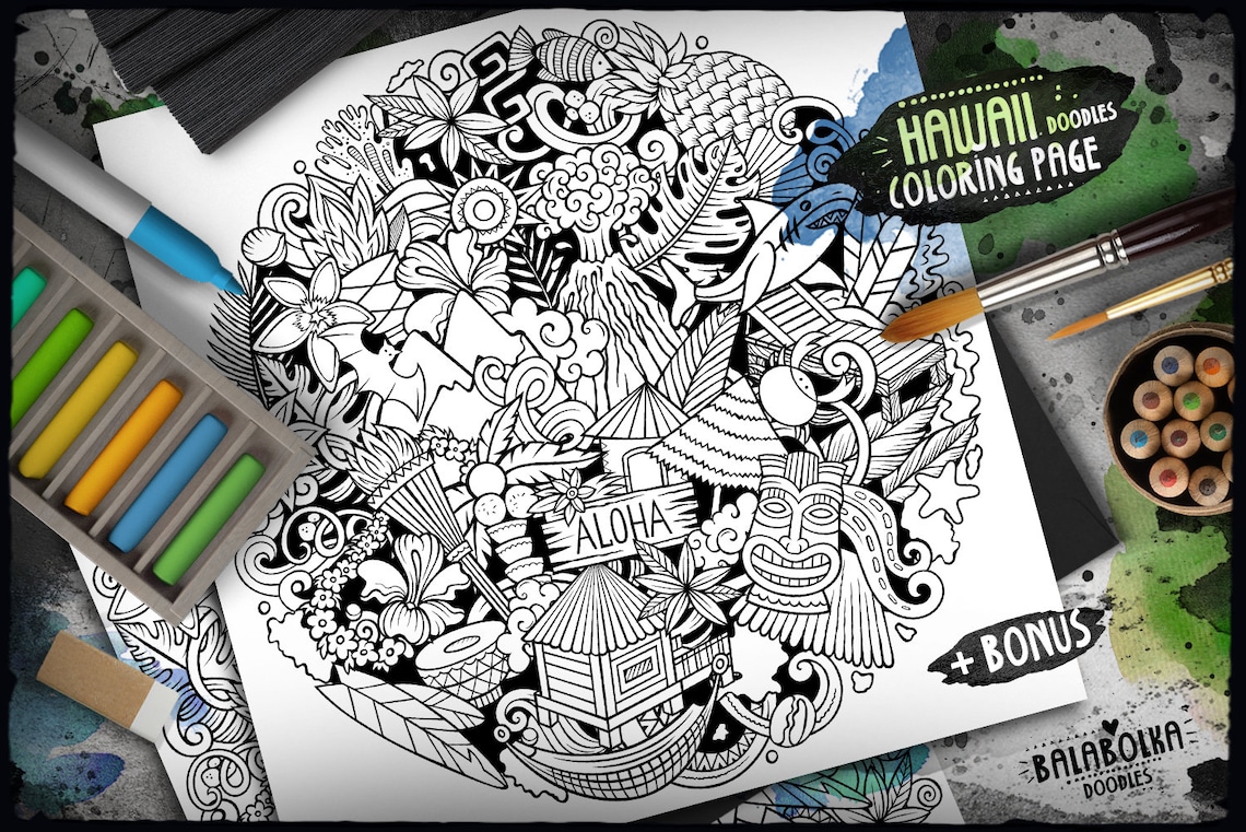 HAWAII Digital Coloring Page, Aloha Doodle Adult Coloring Book ...