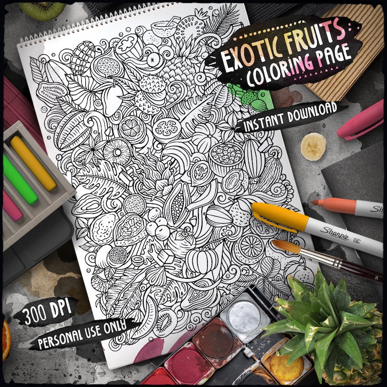 EXOTIC FRUITS Digital Coloring Page/ Tropical Doodle Adult Coloring ...