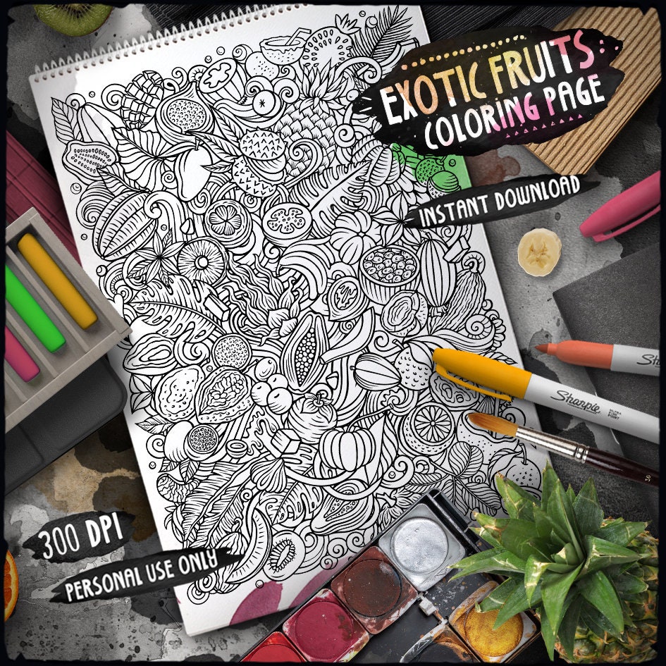 EXOTIC FRUITS Digital Coloring Page/ Tropical Doodle Adult Coloring ...