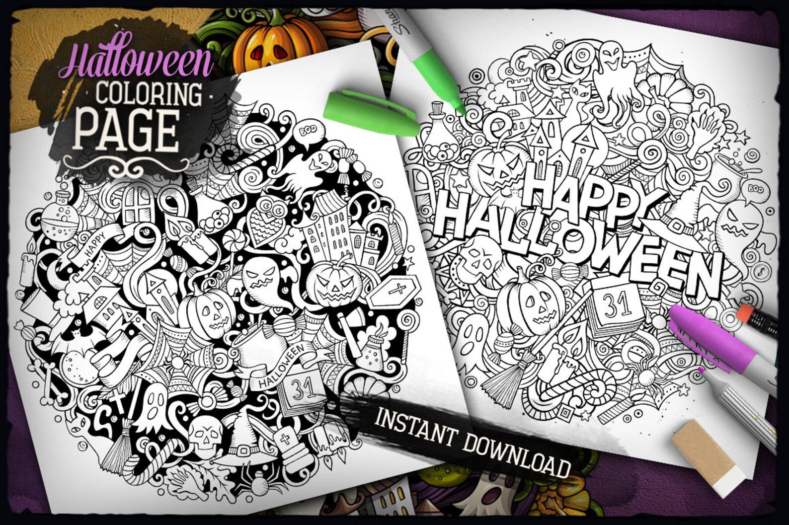 8 Happy Halloween Digital Coloring Pages, Adult Coloring, Halloween ...