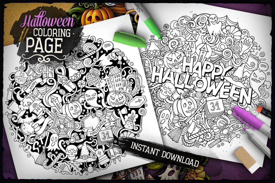 8 Happy Halloween Digital Coloring Pages, Adult Coloring, Halloween ...