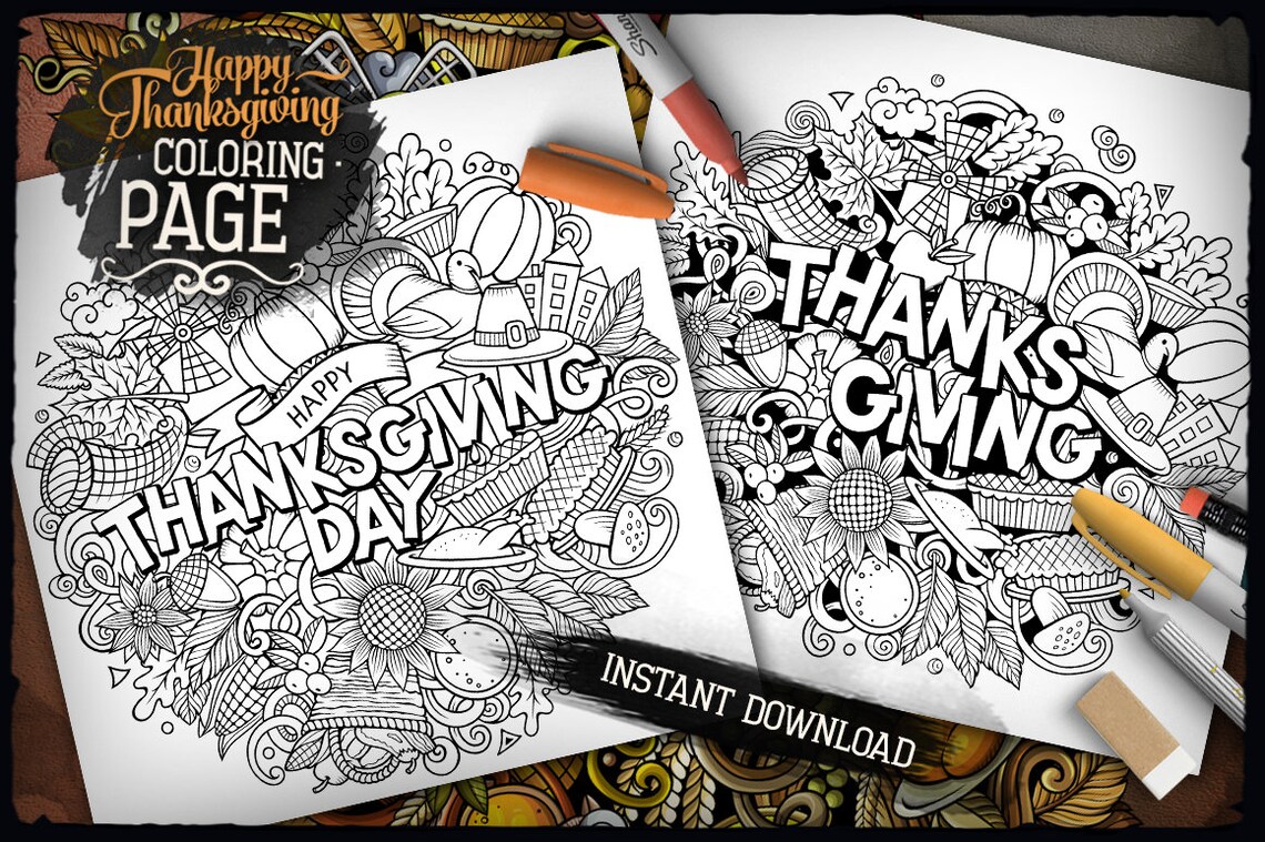 8 Happy Thanksgiving Digital Coloring Pages, Adult Coloring, Give ...
