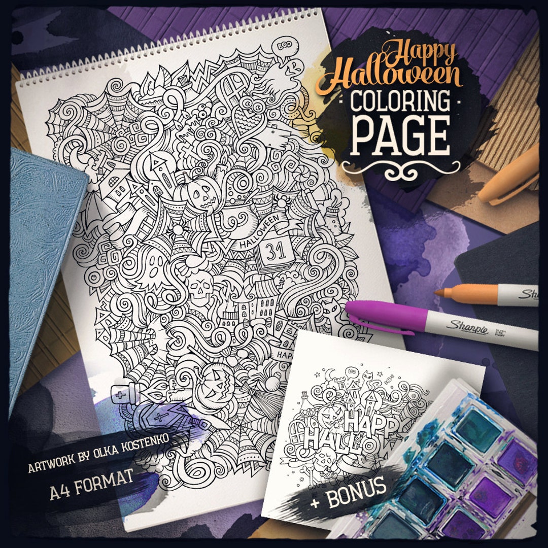 HAPPY HALLOWEEN Digital Coloring Page, Adult Coloring, Halloween ...