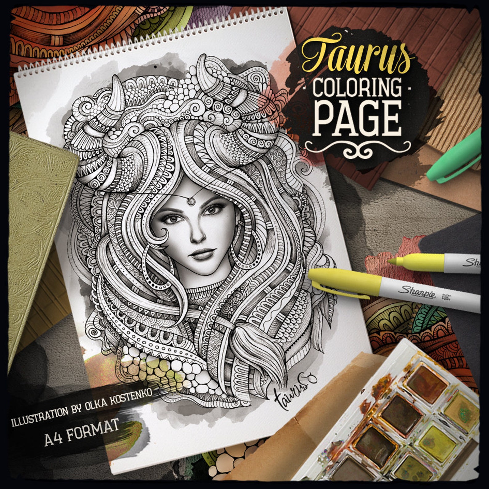 TAURUS Zodiac Adult Coloring Page, Zodiac Sign Coloring Book, Fantasy ...
