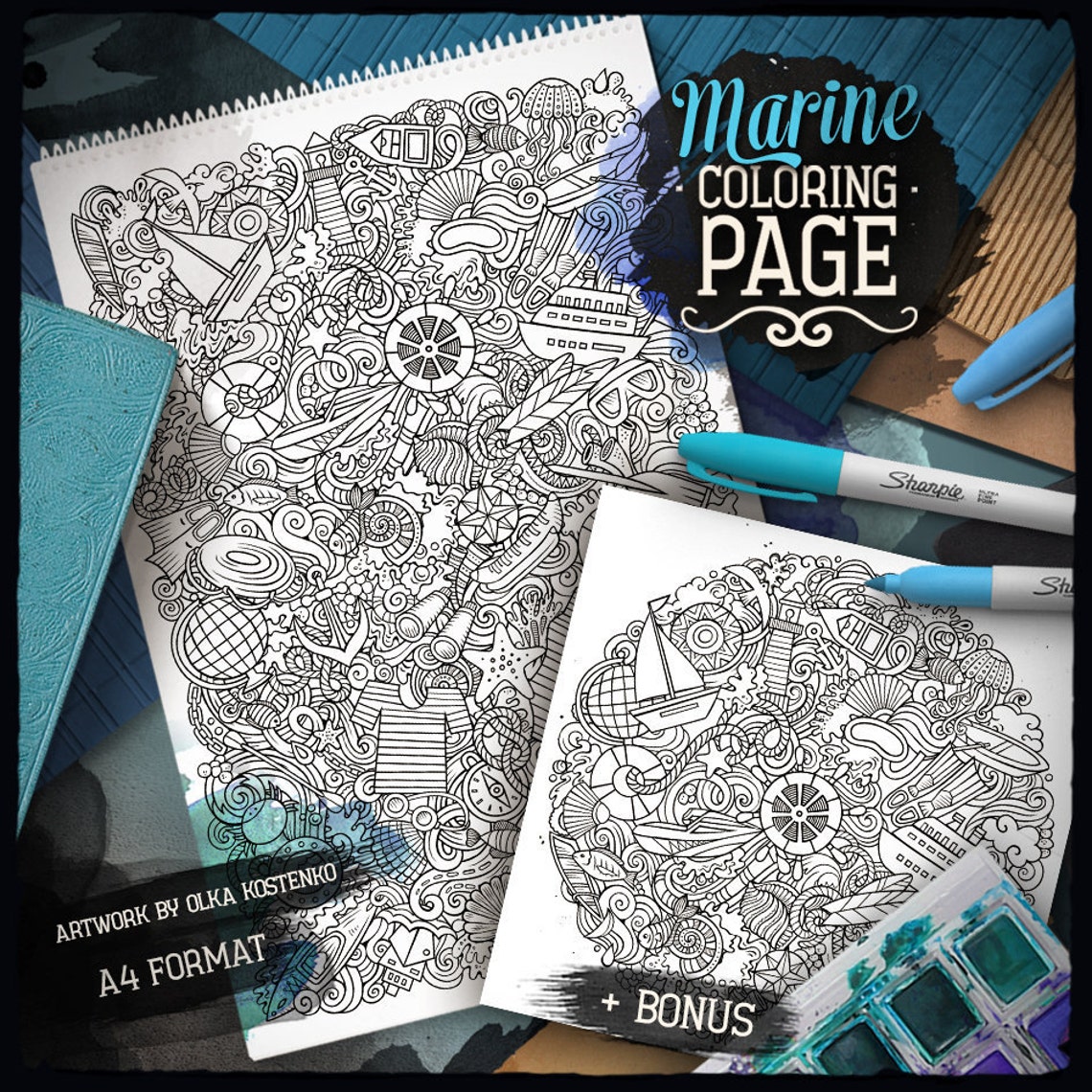 MARINE Digital Coloring Page, Maritime Doodle Adult Coloring Book ...