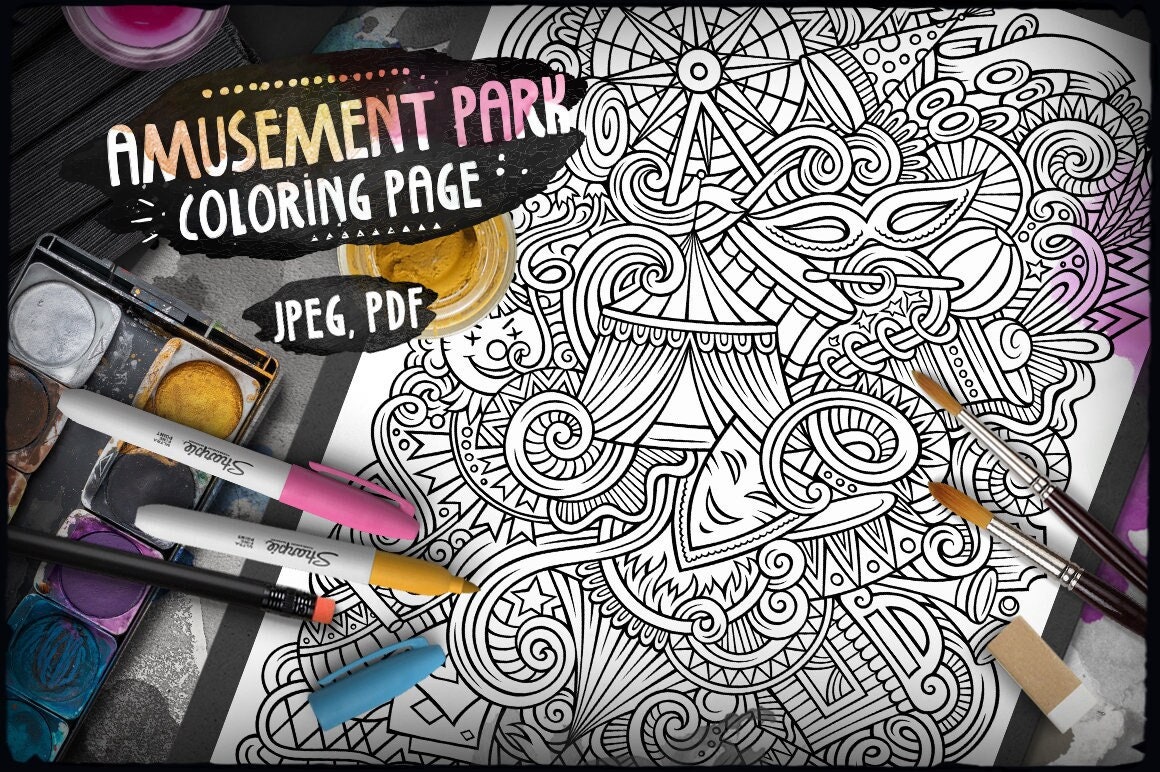 AMUSEMENT PARK Digital Coloring Page, Fun Fair Doodle Adult Coloring ...