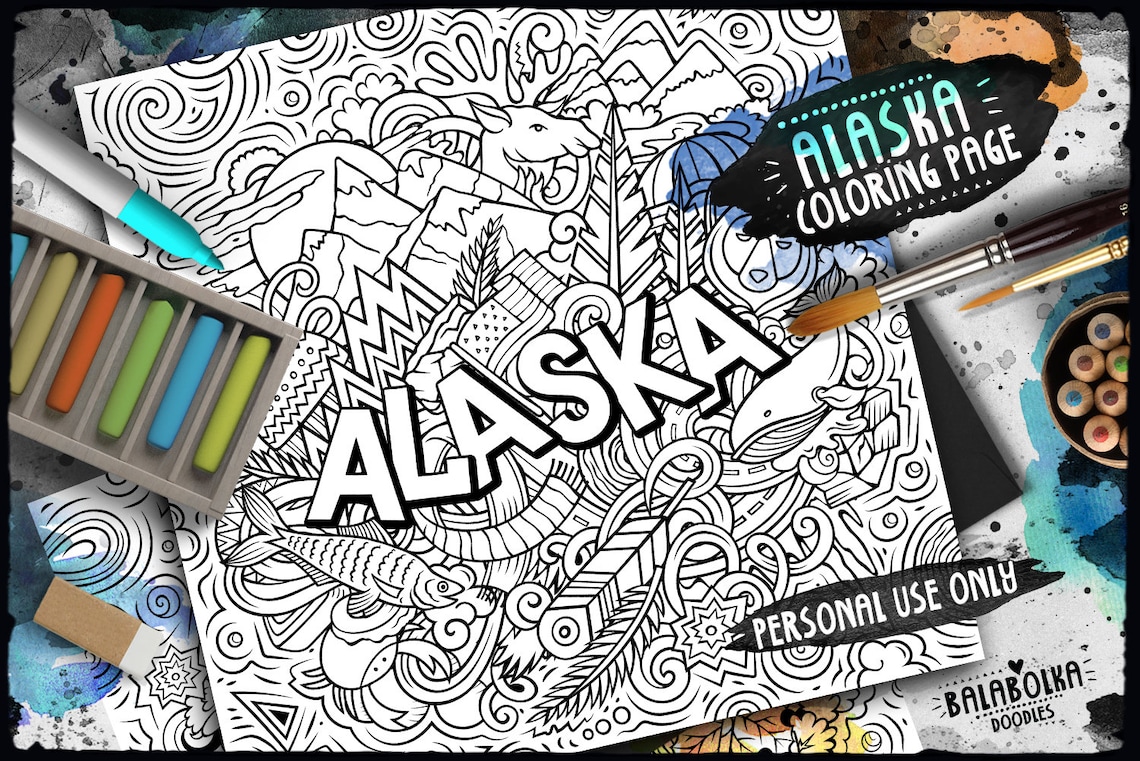ALASKA Digital Coloring Page/ American Alaskan Doodle Illustration/ USA ...