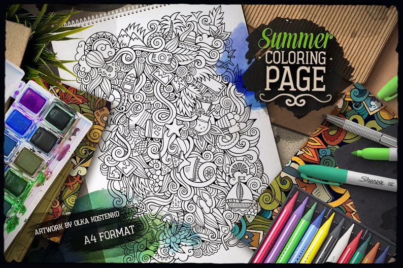 SUMMER Digital Coloring Page Season Doodle Adult Coloring - Etsy