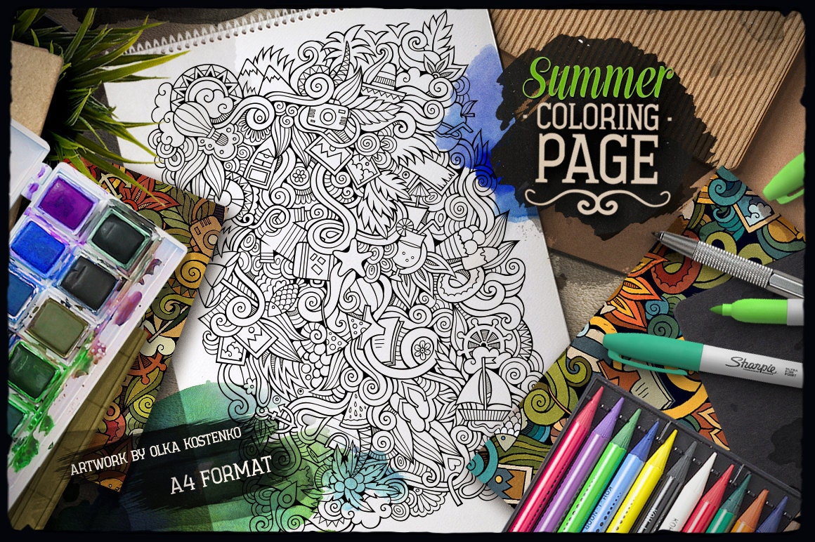 SUMMER Digital Coloring Page, Season Doodle Adult Coloring Book ...