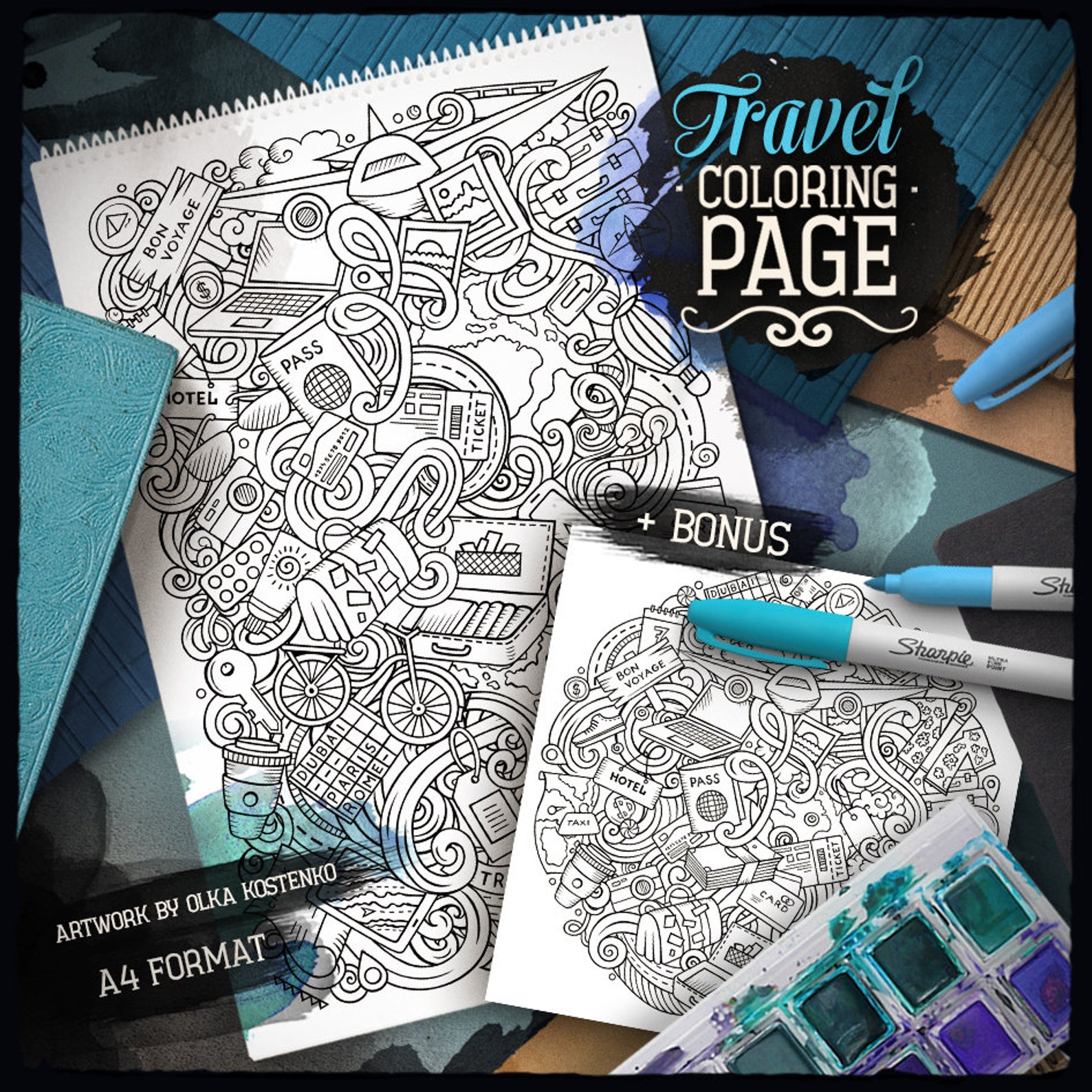 TRAVEL Digital Coloring Page, Traveling Doodle Adult Coloring Book ...
