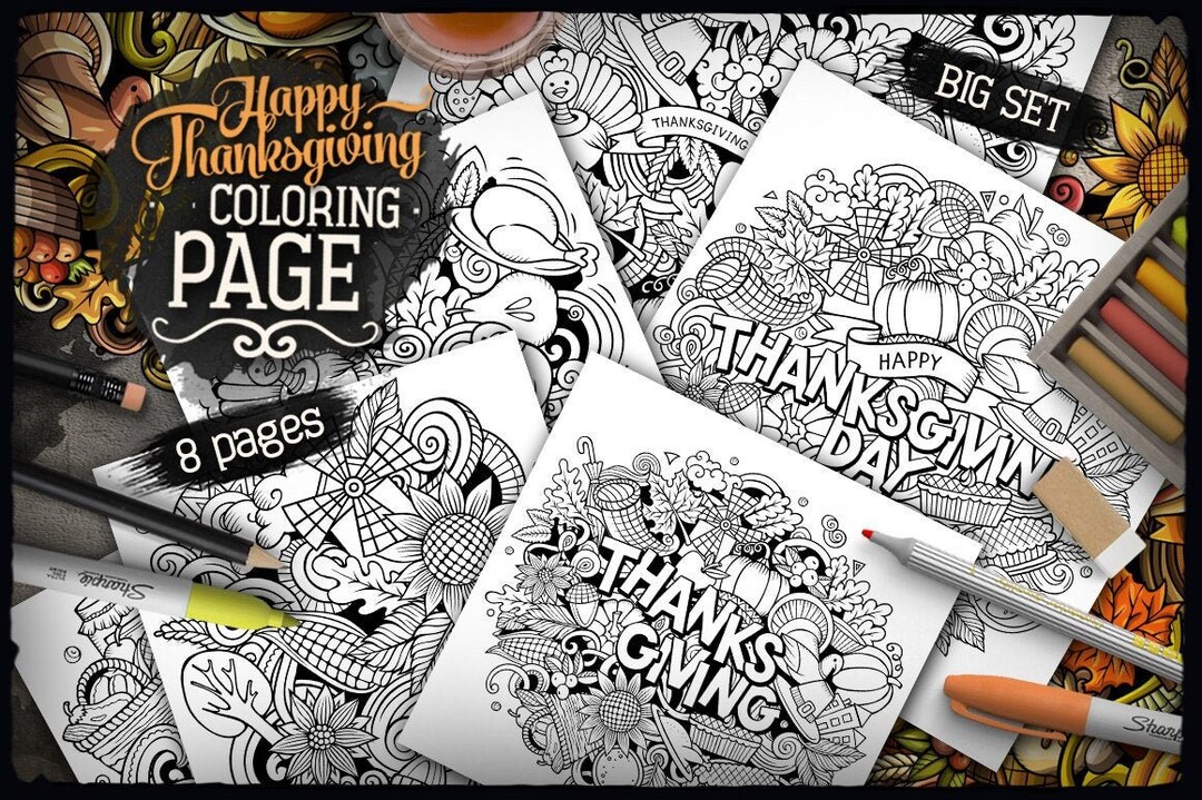 8 Happy Thanksgiving Digital Coloring Pages, Adult Coloring, Give ...