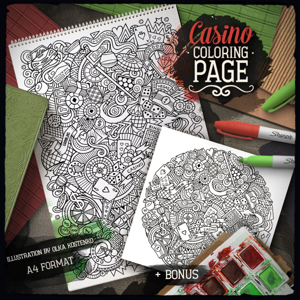CASINO Digital Coloring Page, Gambling Doodle Adult Coloring Book ...