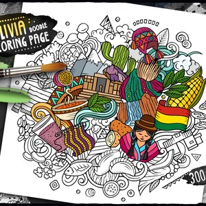 BOLIVIA Digital Coloring Page/ Latino Adult Coloring/ Latin American Country Doodle Illustration ...