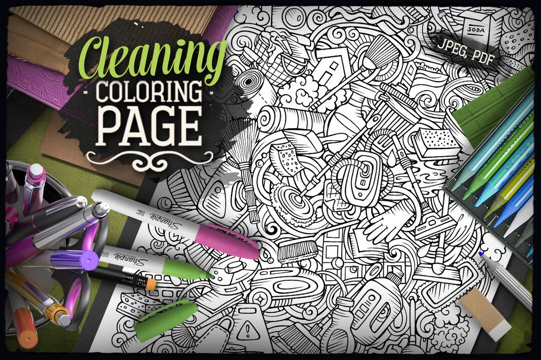 Cleaning Digital Coloring Page Adult Coloring Clean Doodles - Etsy