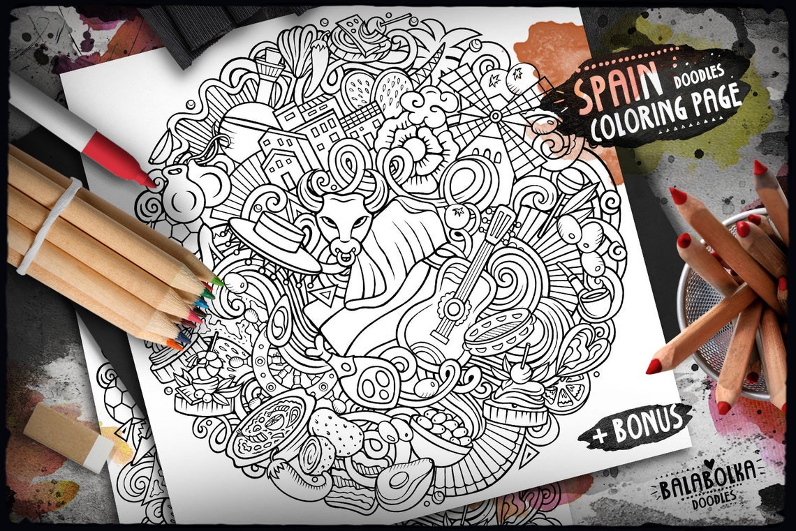SPAIN Digital Coloring Page, Spanish Travel Doodle Adult Coloring Book ...
