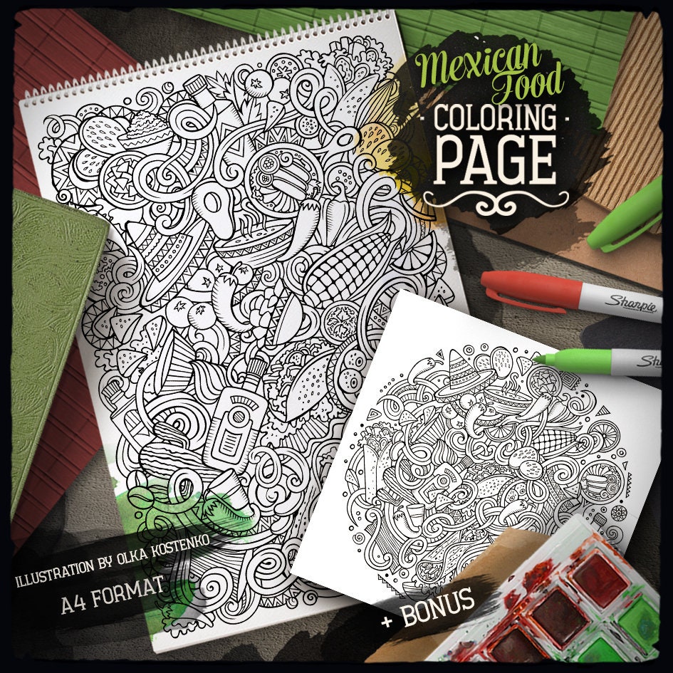 MEXICAN FOOD Coloring Page/ Adult Coloring Book/ Digital Coloring Sheet ...
