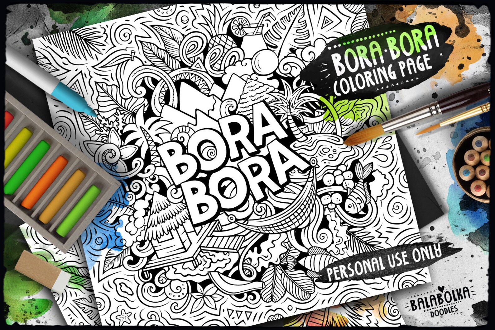 BORA-BORA Digital Coloring Page/ Tropical Doodle Illustration/ Exotic ...
