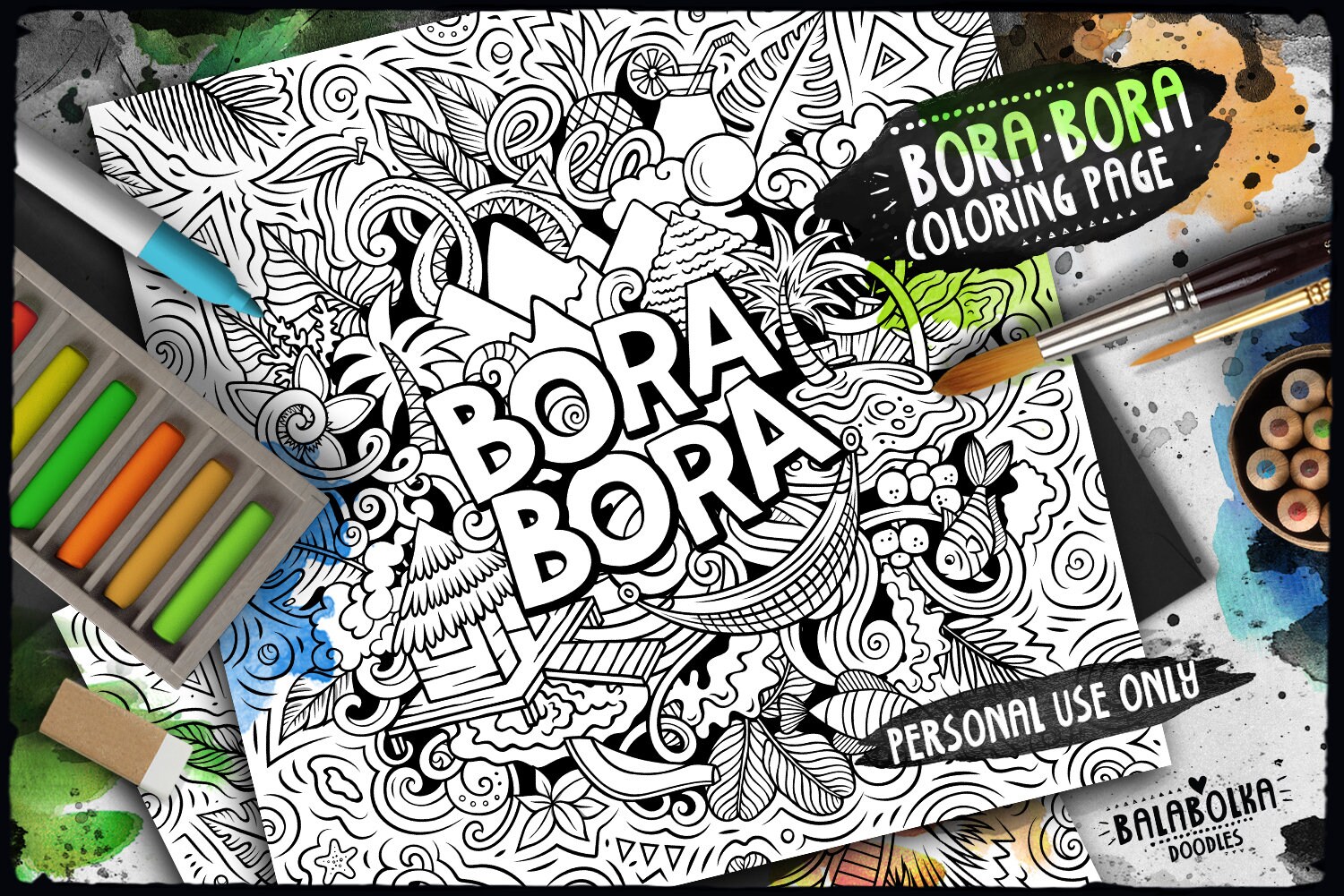 BORA-BORA Digital Coloring Page/ Tropical Doodle Illustration/ Exotic ...