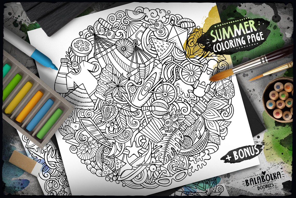 SUMMER Digital Coloring Page/ Season Doodle Adult Coloring | Etsy