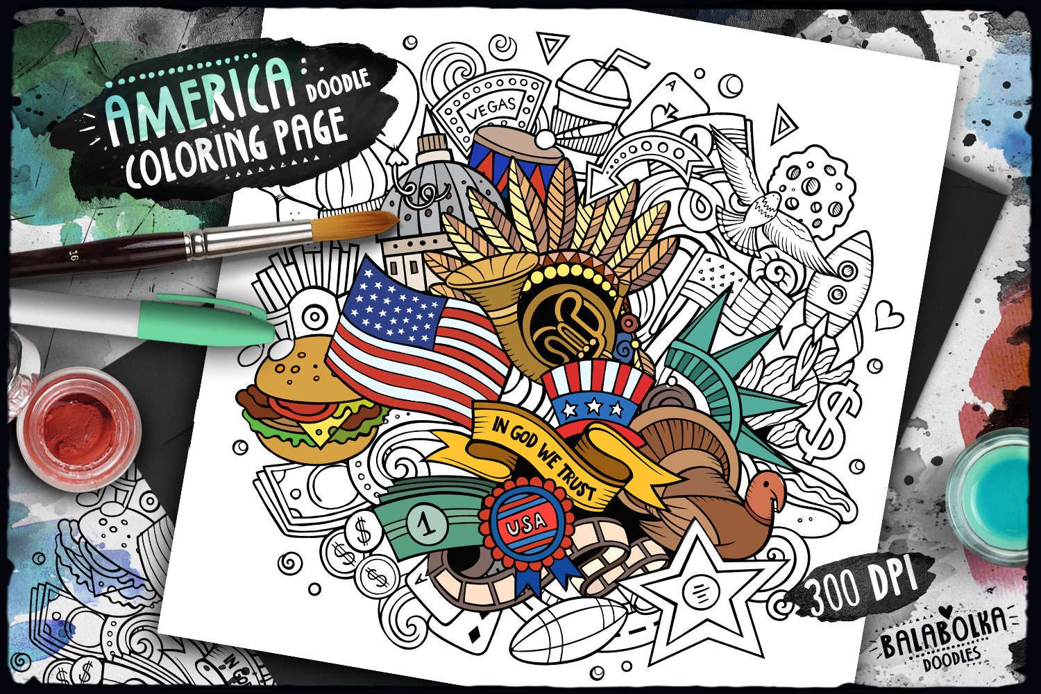 USA Digital Coloring Page/ United States of America Doodle Illustration ...
