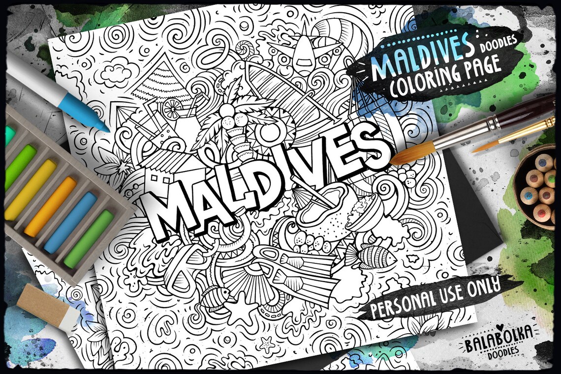 MALDIVES Digital Coloring Page/ Exotic Adult Coloring/ Around the World ...