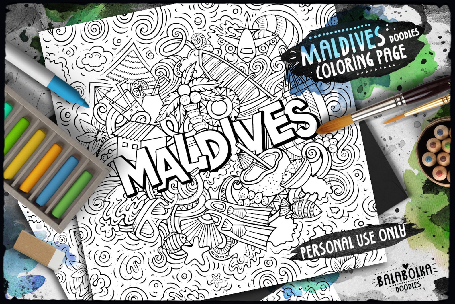 MALDIVES Digital Coloring Page/ Exotic Adult Coloring/ Around the World ...