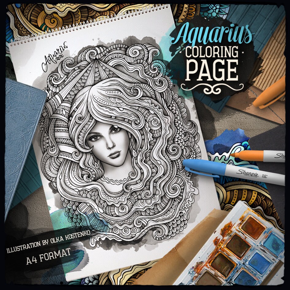 AQUARIUS Zodiac Adult Coloring Page, Zodiac Sign Coloring Book, Fantasy ...
