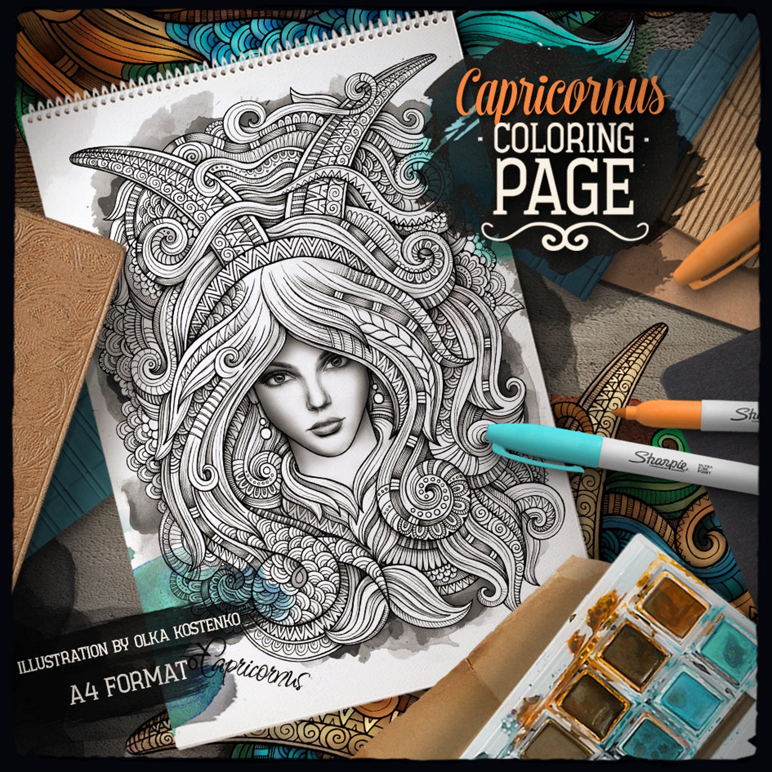 CAPRICORN Zodiac Adult Coloring Page, Zodiac Sign Coloring Book ...