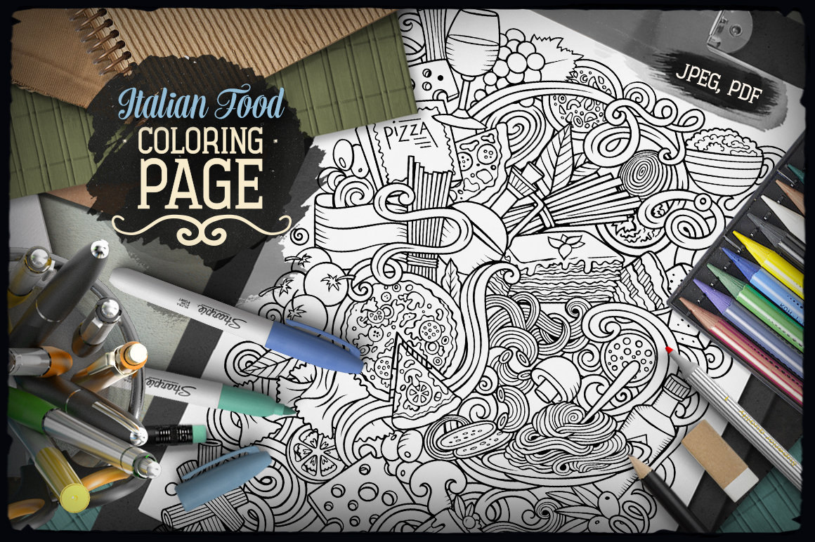 ITALIAN FOOD Digital Coloring Page, Food Doodle Adult Coloring Book ...