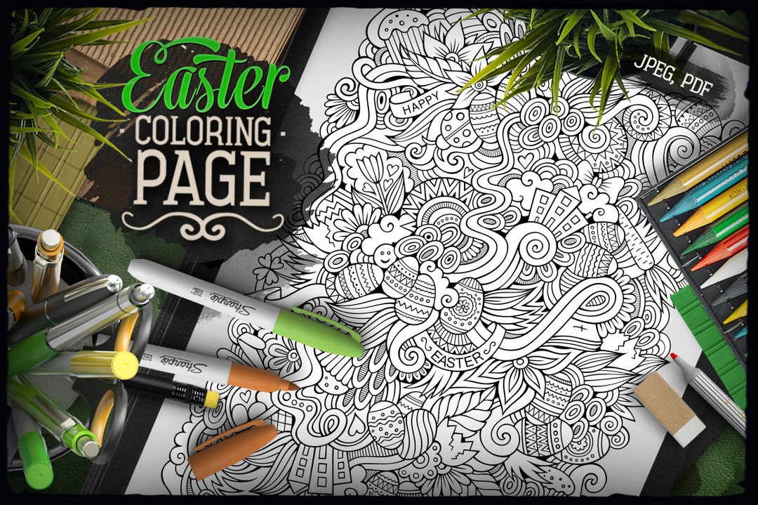 Happy EASTER Digital Coloring Page Adult Coloring Printable - Etsy