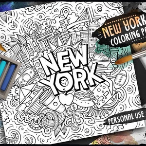 New York Digital Coloring Page/ NY City Doodle Illustration/ American ...