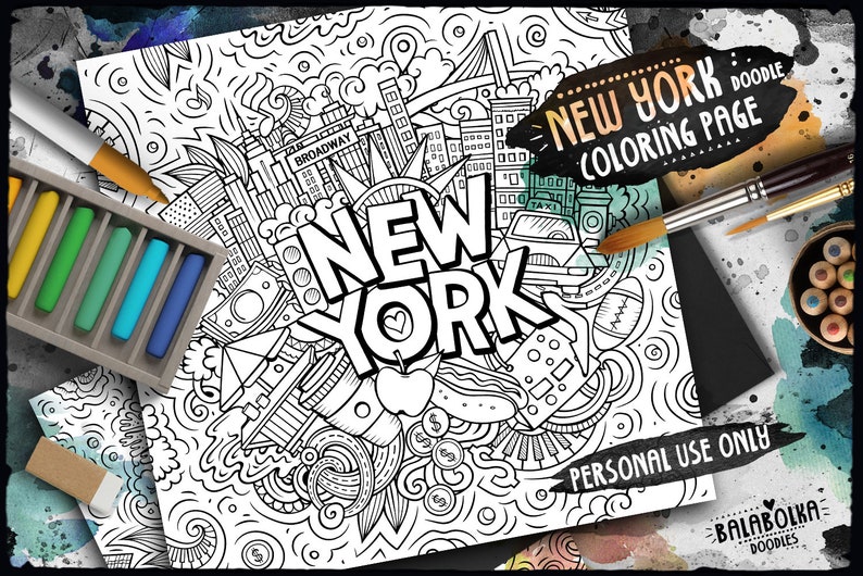 New York Digital Coloring Page/ NY City Doodle Illustration/ American ...