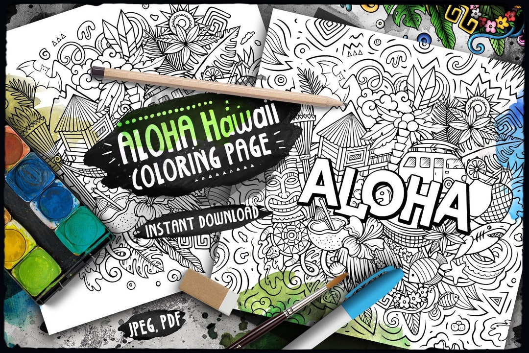 ALOHA Hawaii Digital Coloring Page/ Hawaiian Doodle Illustration ...